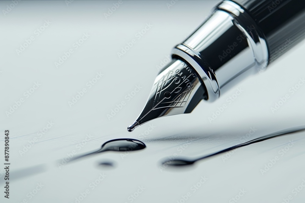 Elegant Pen Writing on White Paper, Close-Up View with Ink Flowing and ...