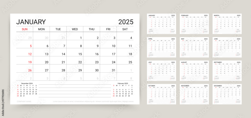 2025 calendar. Planner calender template. Week starts Sunday. Yearly ...