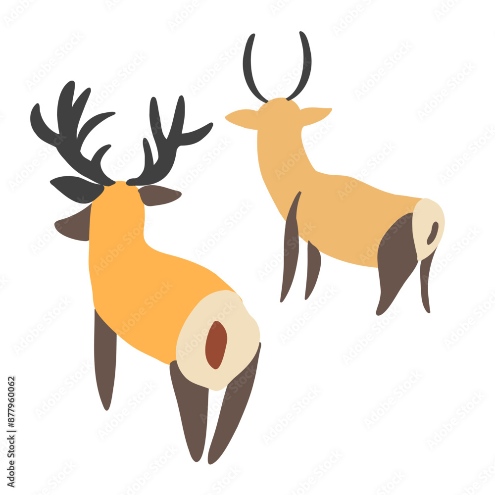 Siberian deers, decorative cartoon flat vector two maral forest animal ...