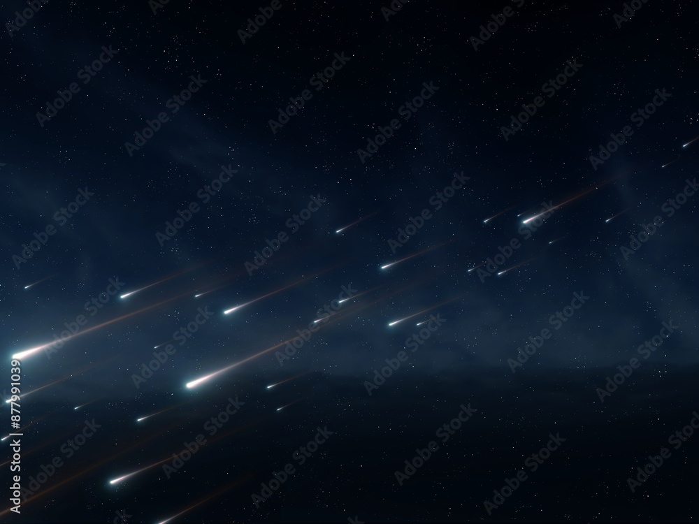 Perseids light up the starry sky. Meteor stream in the night sky. Shooting stars on a dark ...