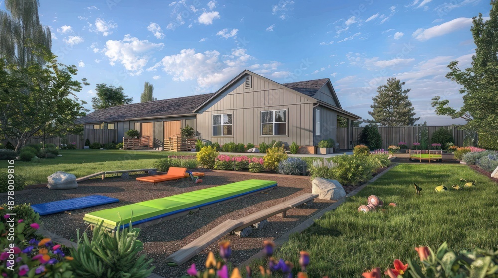 ranch-style home with a side yard that includes a themed obstacle ...