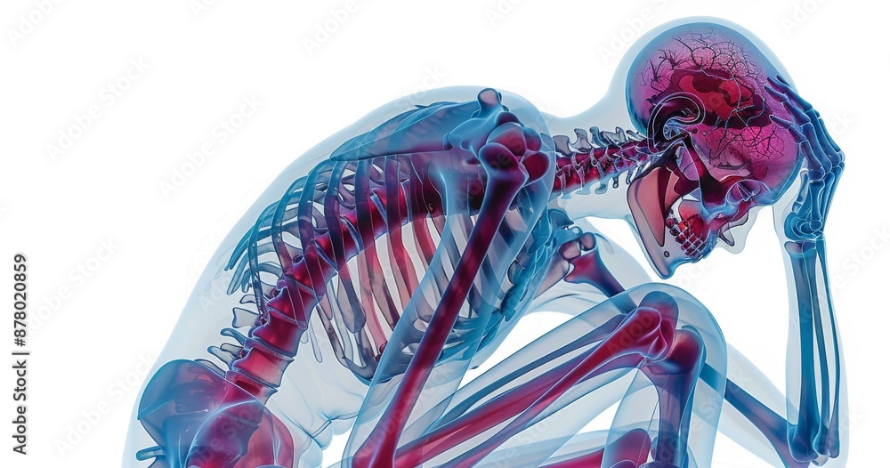 Transparent x-ray of human in kneeling pose showing skeletal and ...