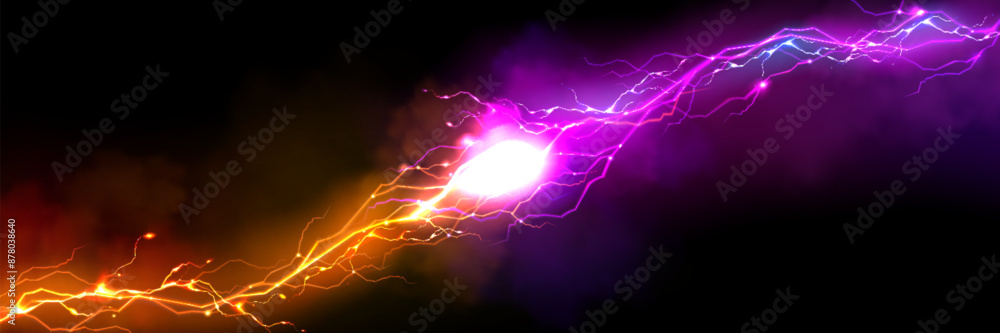 Purple and orange thunder collision with shock burst flash and neon ...