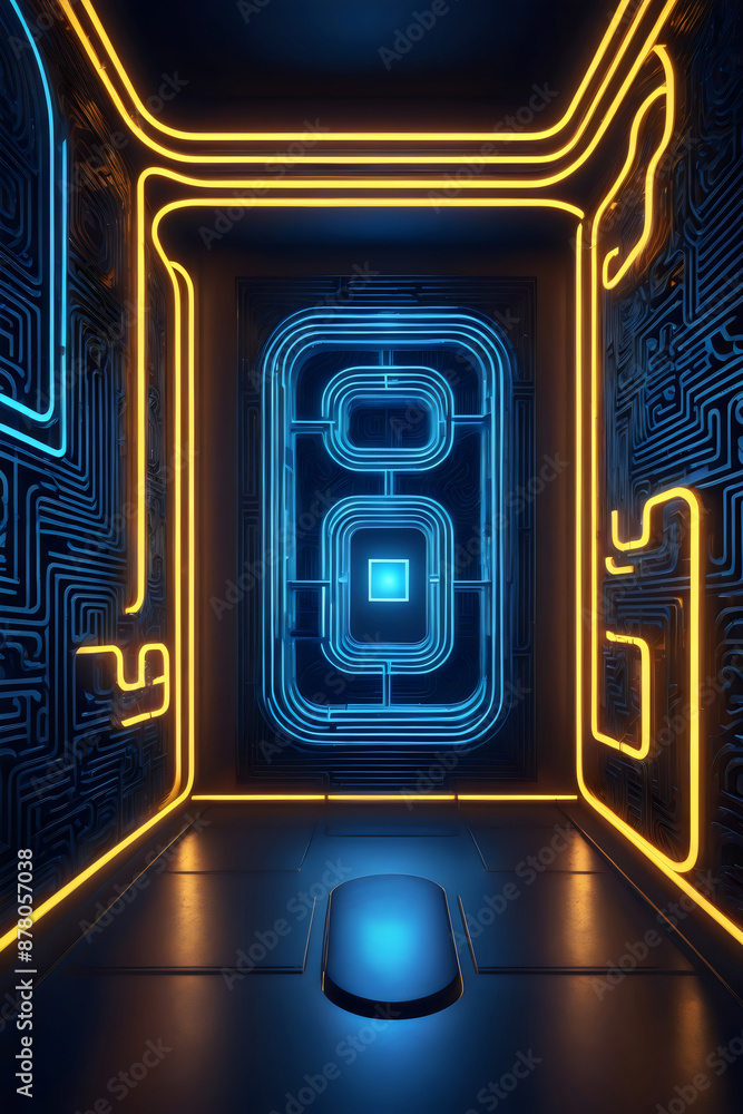 room with installation features a blue and yellow background with a ...