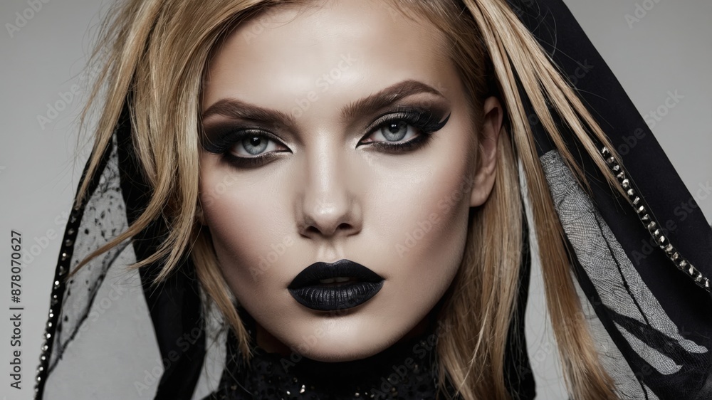 Intense portrait of a gothic woman with dramatic dark makeup and black veil, exuding a ...