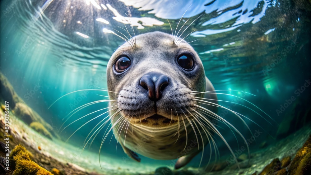 Majestic Baikal seal's snow-white whiskered face emerges from dark ...
