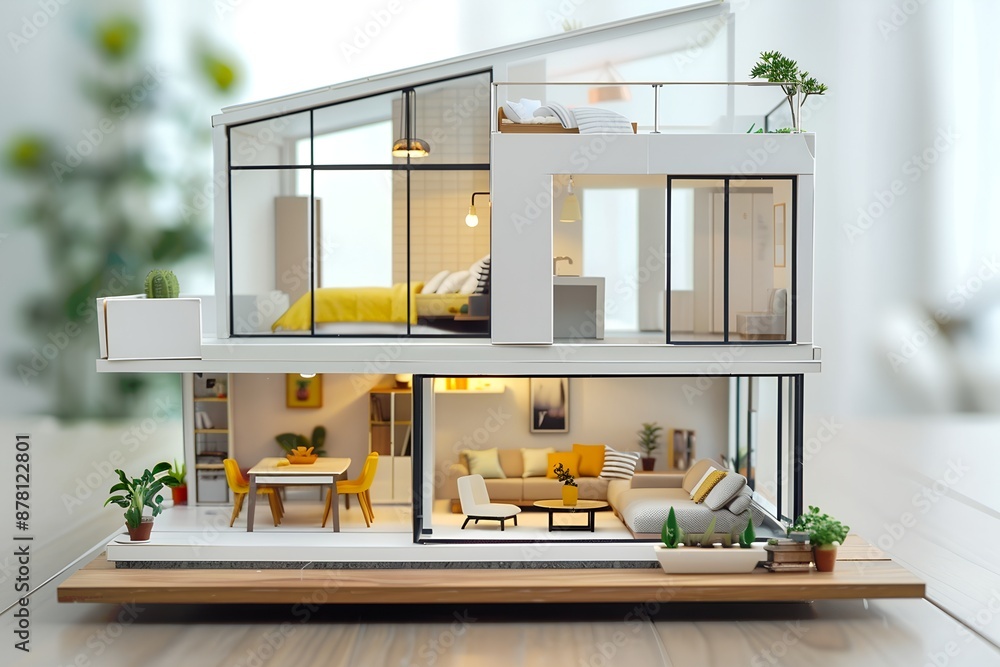 Miniature model of house in section with interior rooms, building ...