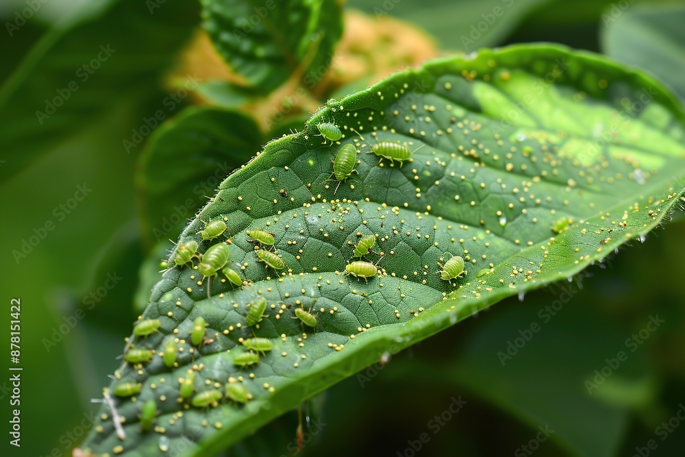 Ants and Aphids. Insect pests. Little black aphid Colony on a green ...