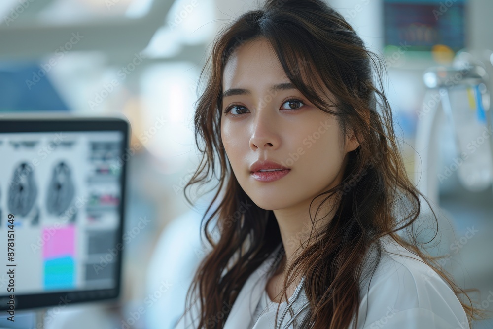 A female doctor standing confidently in a laboratory with medical scans ...