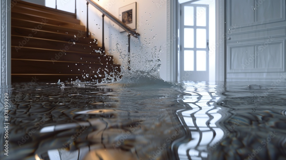 Flooded hallway with water damage, illustrating severe indoor flooding ...