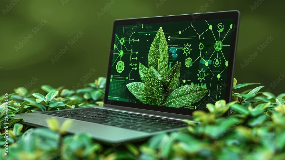 A symbolic illustration of a laptop with a green, leafy keyboard ...