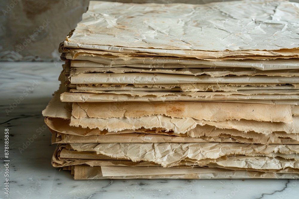 A stack of old, weathered paper sheets with frayed edges and various ...