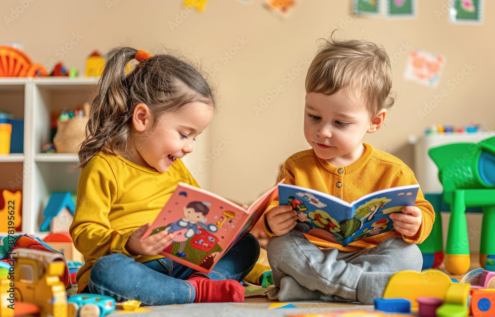 two children reading together in the nursery, one girl and boy around ...