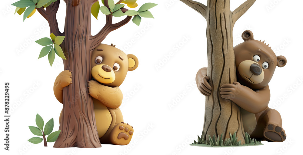 Cute Cartoon Brown Bear Hugging a Tree With Green Leaves in a Forest ...