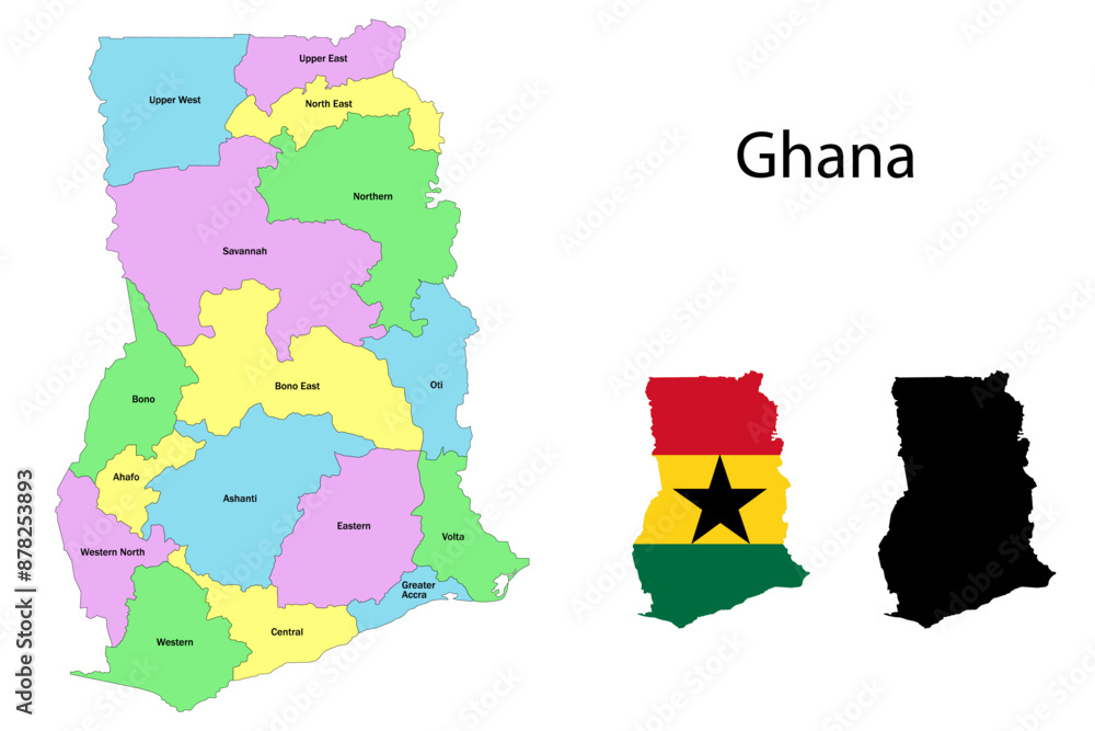 Ghana administrative divisions. Ghana flag and map illustration vector. Districts of Ghana Stock ...
