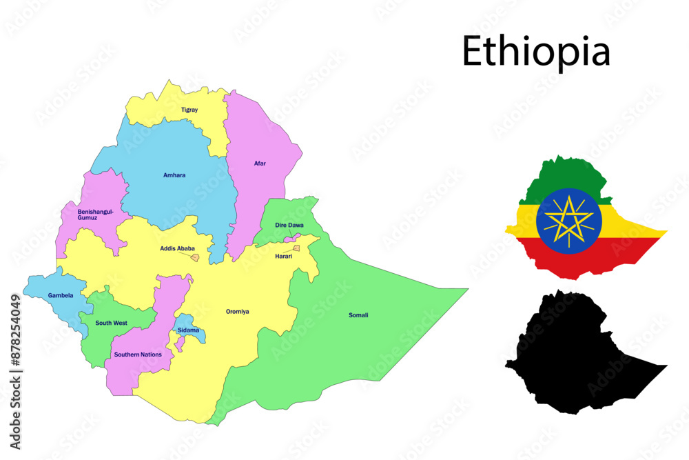Ethiopia administrative divisions. Ethiopia flag and map illustration vector. Districts of ...