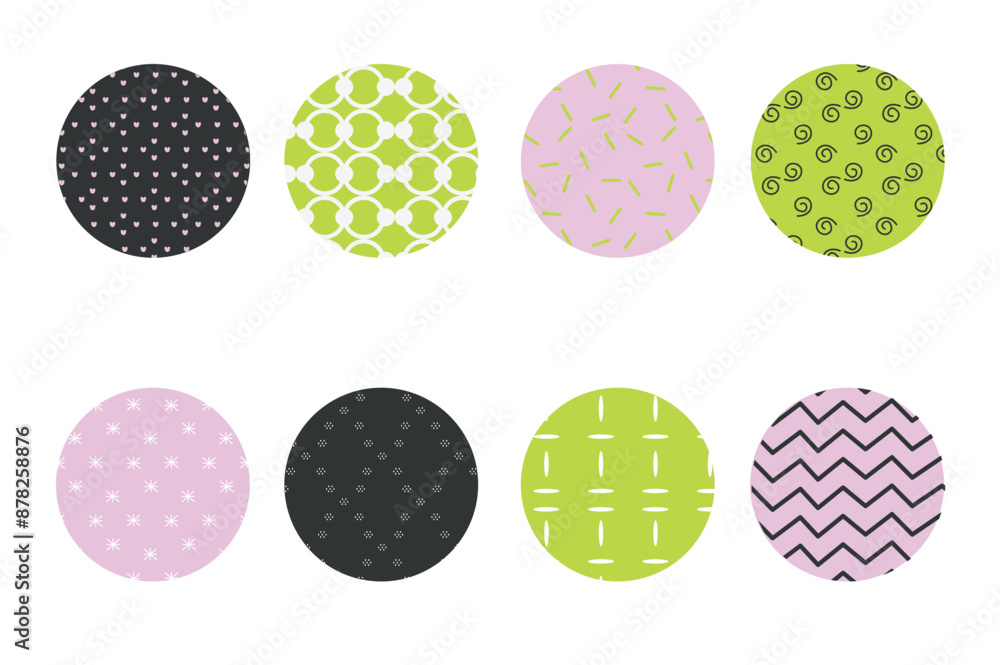 Set of circles with patterns in flat cartoon design. This beautiful ...