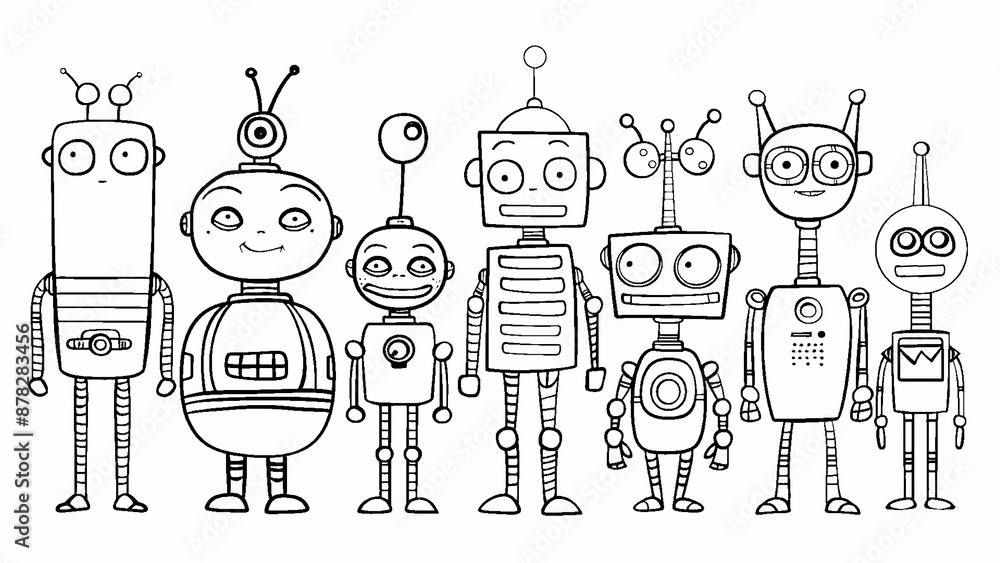 Coloring page outline of cartoon funny robots, vector set of robots for ...