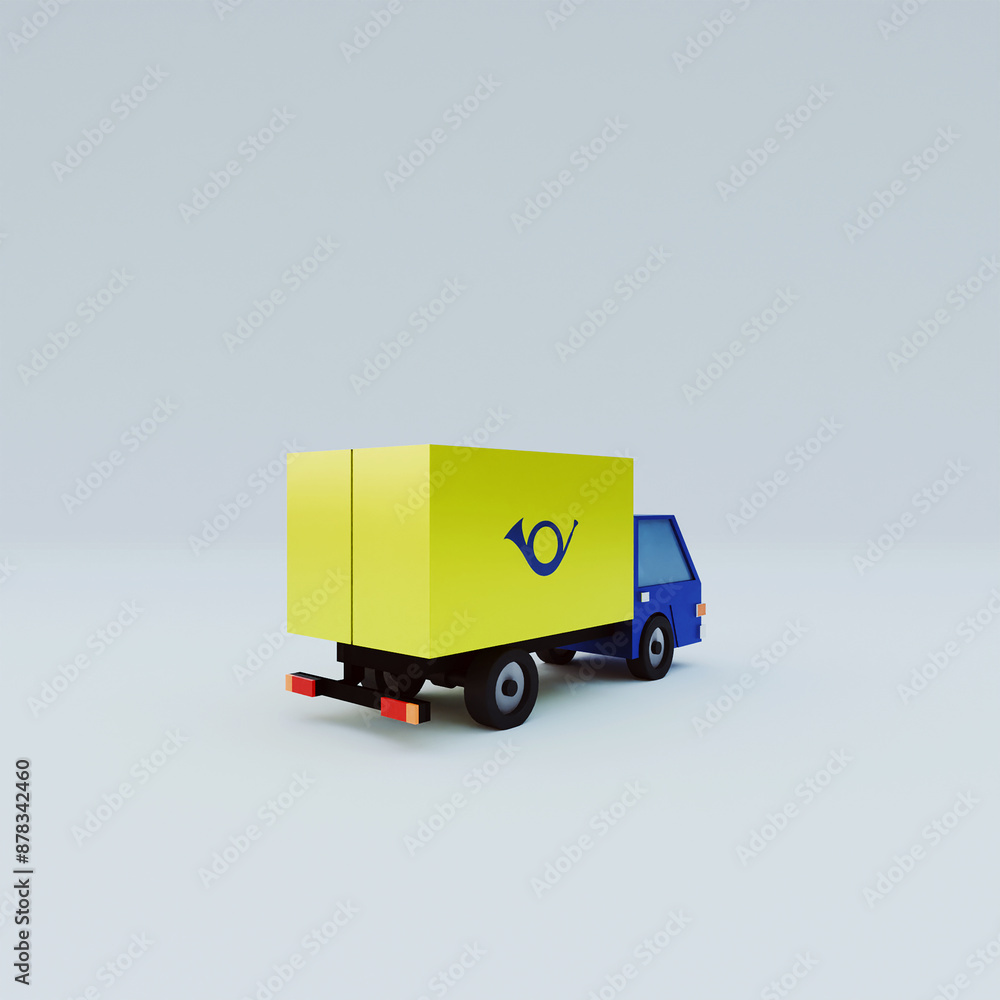 3d blue and yelow postal car with a picture of a postal bugle on a van ...