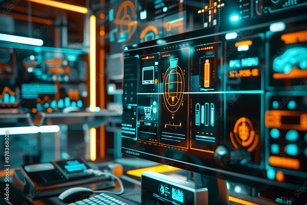 Shopping icons integrated into a high-resolution computer monitor with ...