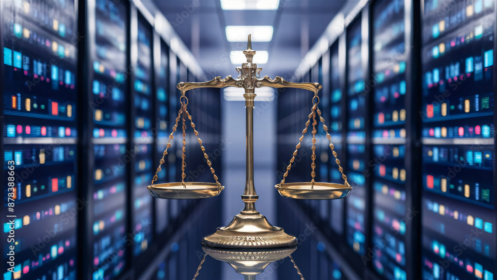 Scales of justice placed in a modern data center, symbolizing the ...