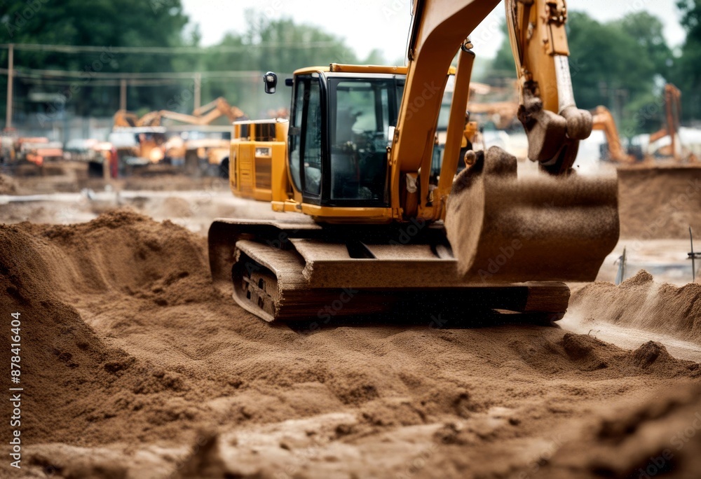 foundation digging laying site soil backhoes construction pipe shoveling earth heavy industrial ...