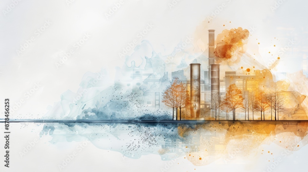 Abstract watercolor painting of an industrial factory with smoke stacks ...