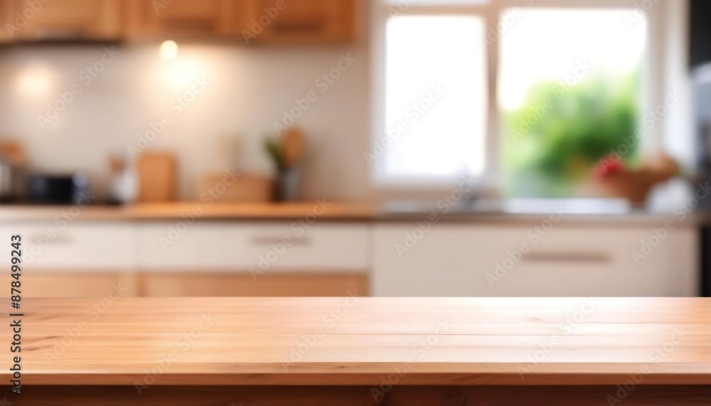 Wooden table on blurred kitchen bench background. Empty wooden table ...