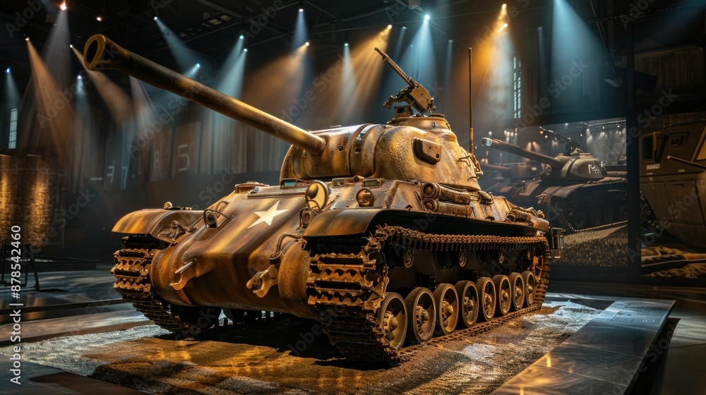 Photorealism of a meticulously restored WW2 tank on display in a museum ...
