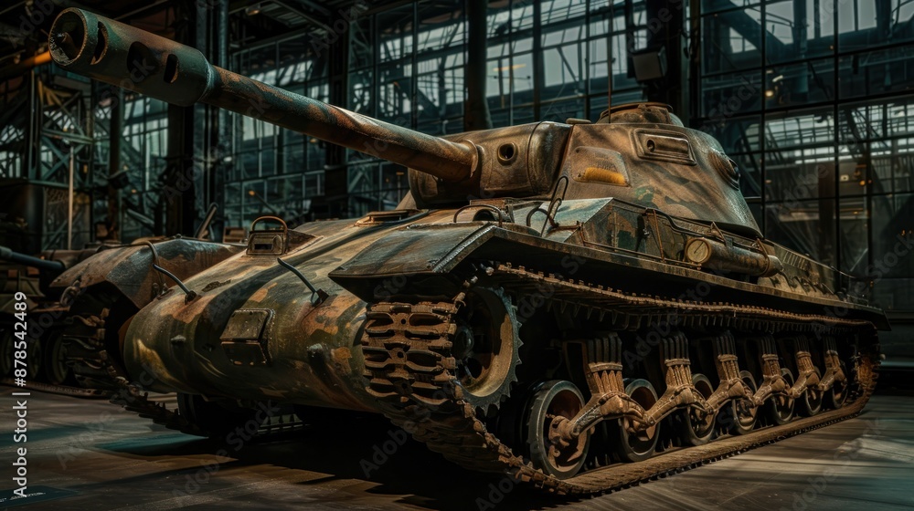 Photorealism of a meticulously restored WW2 tank on display in a museum ...