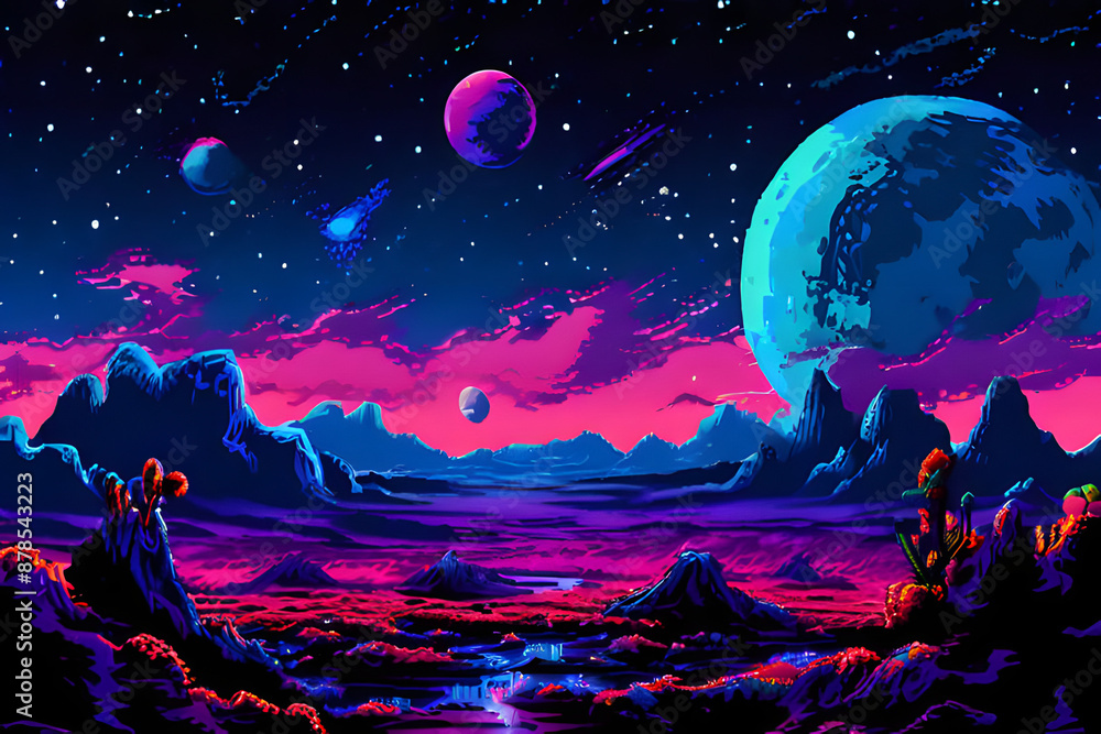 Pixelated aliens explore a planet dotted with geometric structures ...