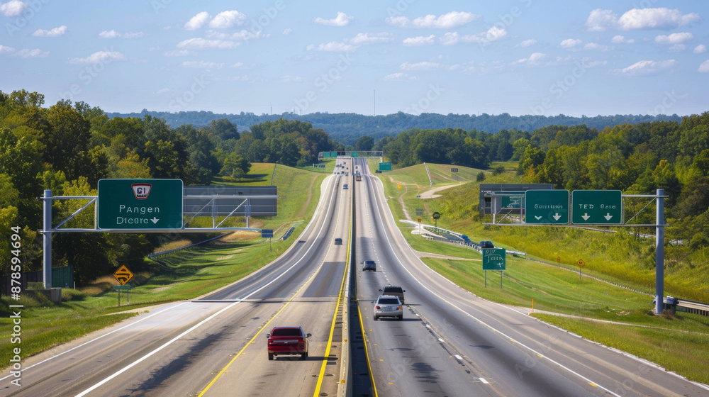 Clear, well-designed highway signs indicating directions, distances to ...