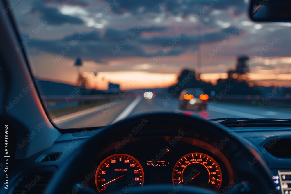 Nighttime driving scene from the driver's point of view inside the ...