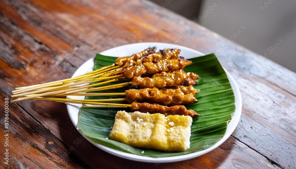 An Indonesian sate a yam on top of wooden table chicken satay served ...