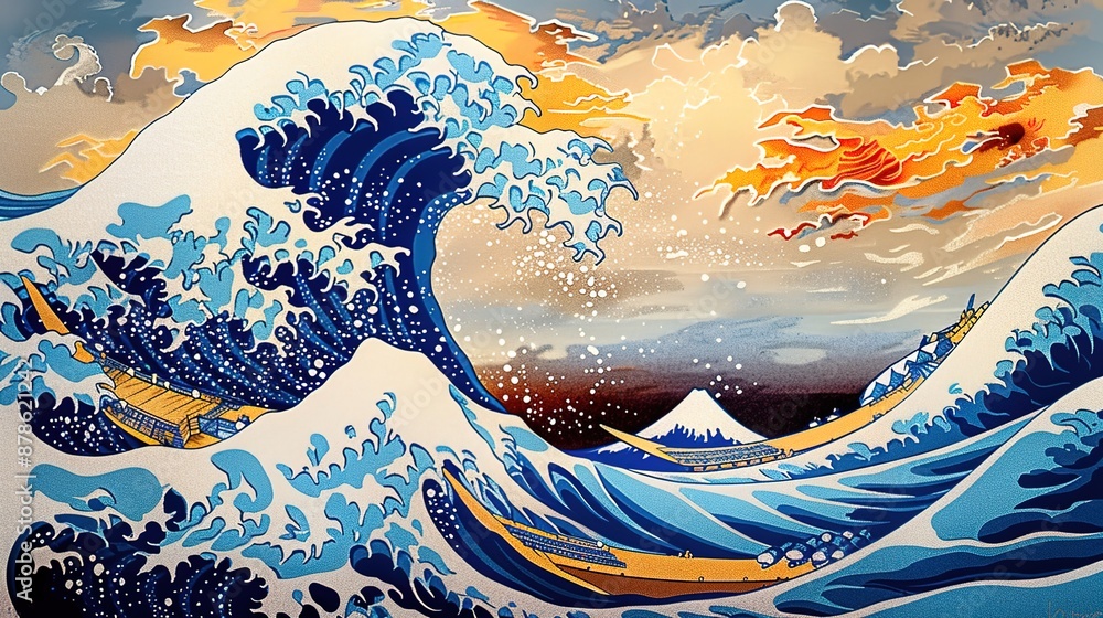 A Japanese great wave sea Japan engraved art design in a vintage ...