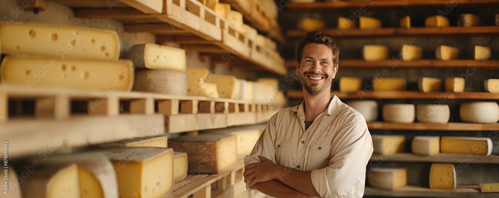 A cheerful man, arms crossed, stands contentedly in a storage room full ...