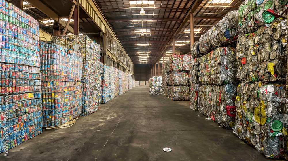 Bales of compressed recyclable materials, including colorful aluminum ...