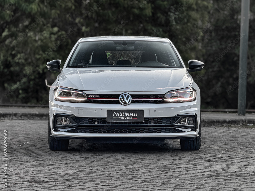White Volkswagen Polo GTS front view in empty road, Hot hatchback ...