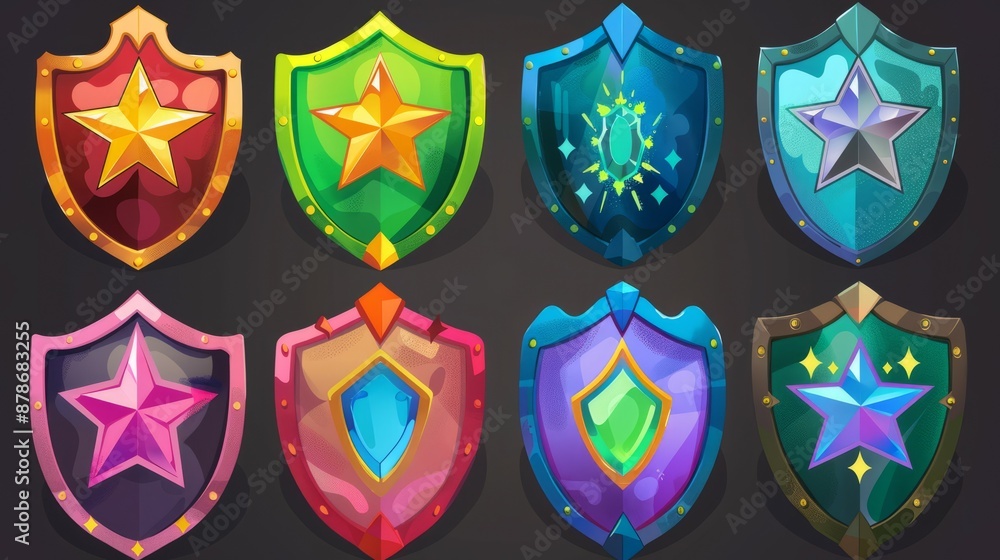 Colorful cartoon shields with stars and gems. A set of eight colorful ...
