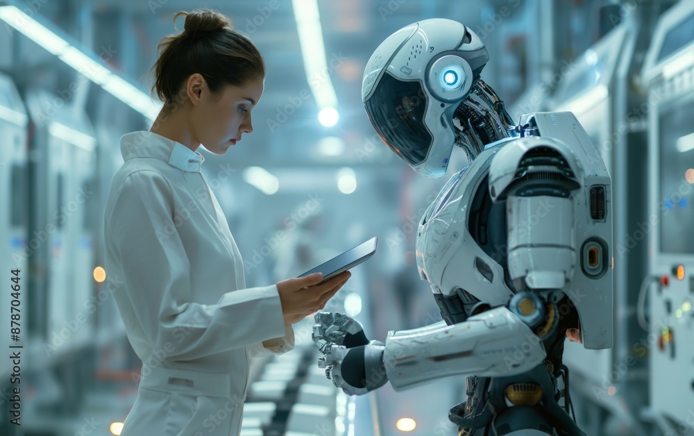 Female technician and humanoid robot working together on an automated ...