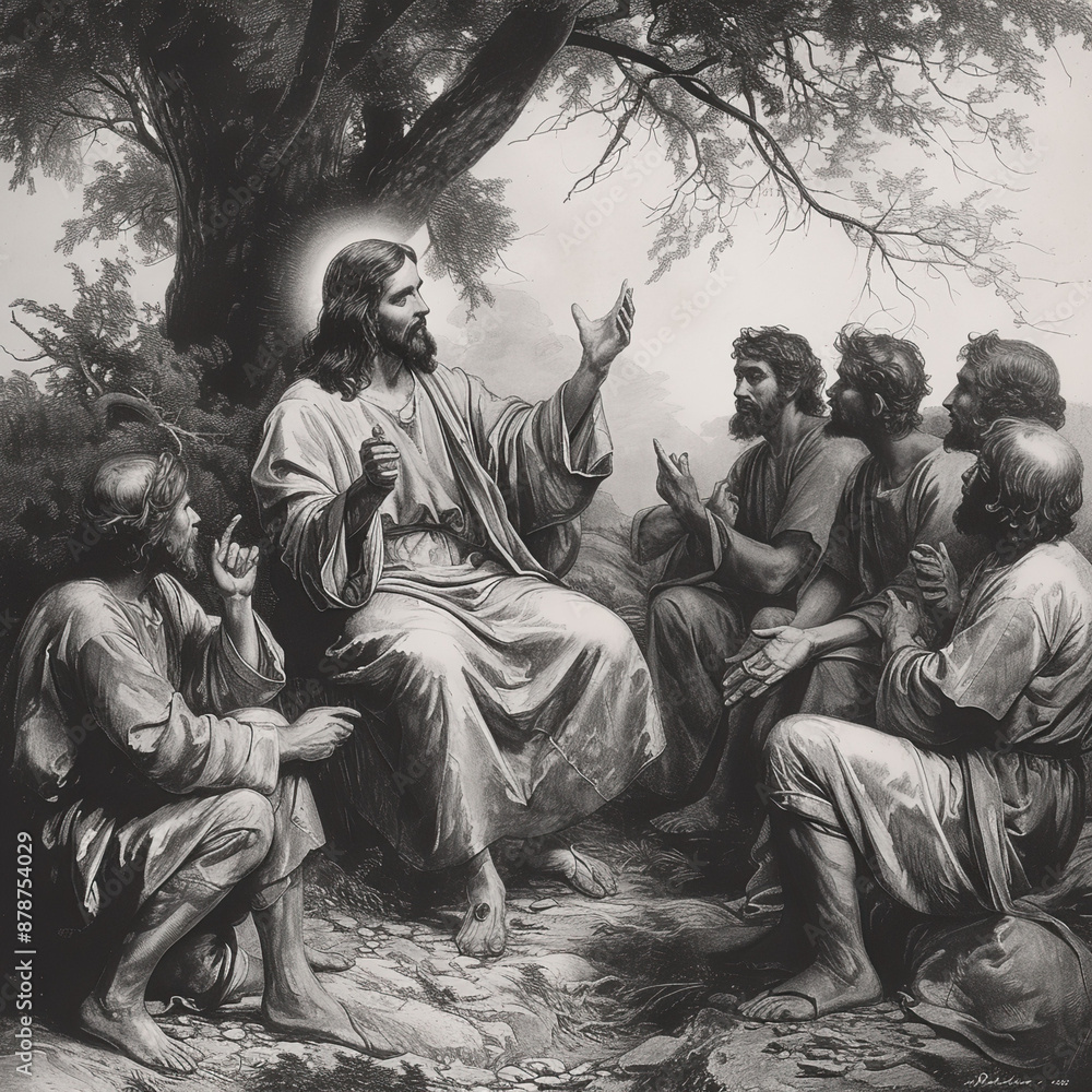 Jesus preaching to a crowd in the forest surrounded by disciples. The ...