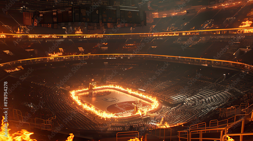 Stadium on fire captured from a 45-degree angle. The image shows ...