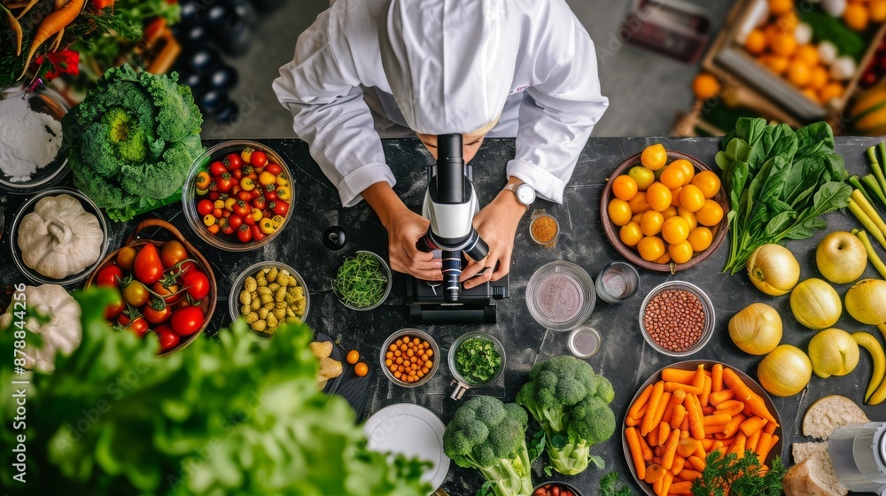 Food scientist examining produce under microscope, ensuring quality and ...