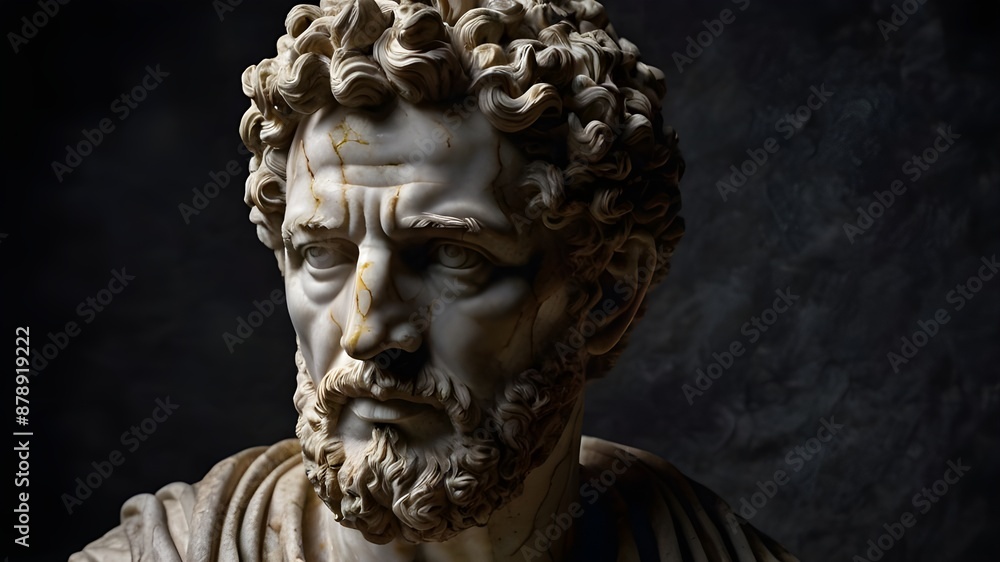 A stoic bust of Marcus Aurelius, sculpted from weathered marble with ...