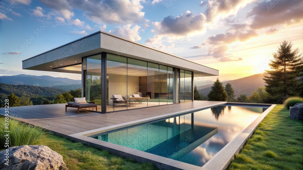 Modern pool house with angular pool, minimalist loungers, and floor-to ...
