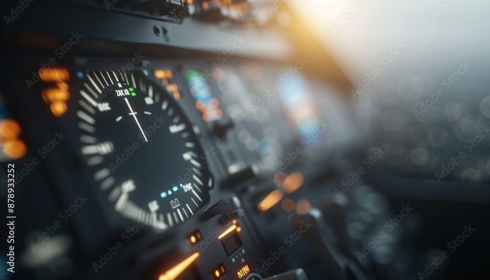 Close-up view of an airplane cockpit instrument panel with illuminated ...
