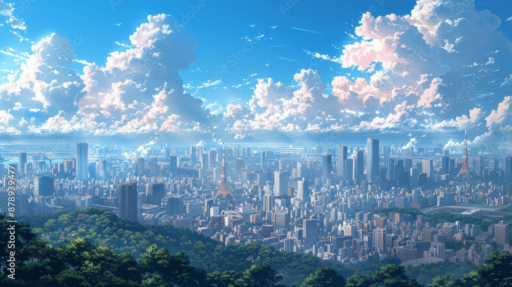 anime tokyo city skyline with skyscraper buildings and blue sky in ...
