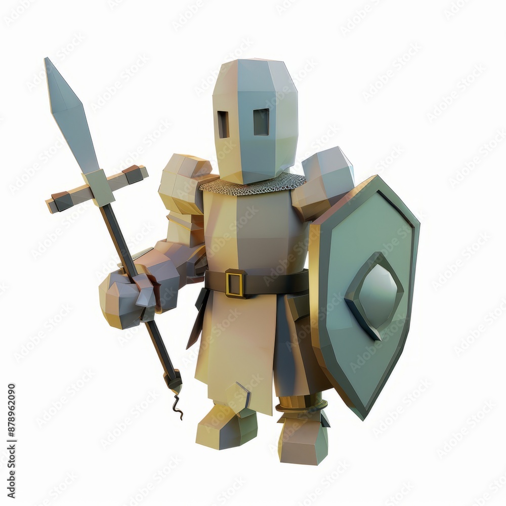 3D Render, Low Poly style of a medieval robot crusader with a shield and mace, on isolated white ...