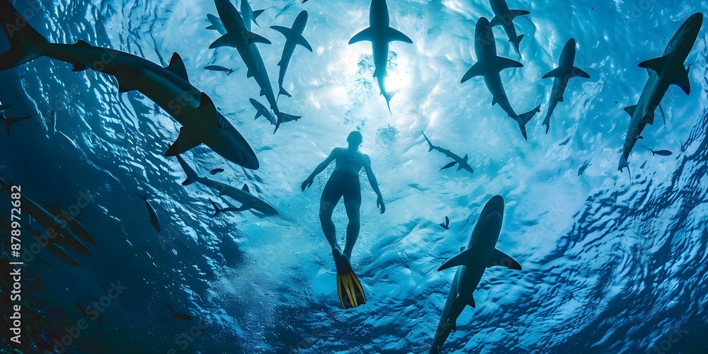 Swimmer surrounded by sharks in the ocean. Concept ocean wildlife ...