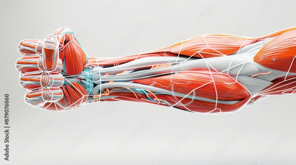 A highly detailed and hyper-realistic rendering of a muscular bicep arm ...